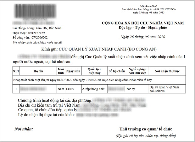 Công văn gửi cục quản lý xuất nhập cảnh